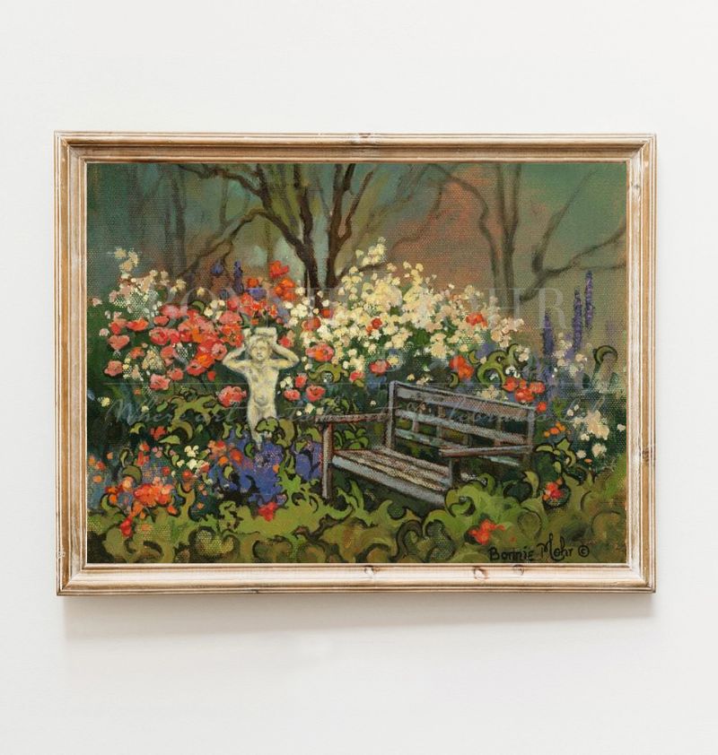 The Guardian print - art featuring angel statue, bench, colorful ...