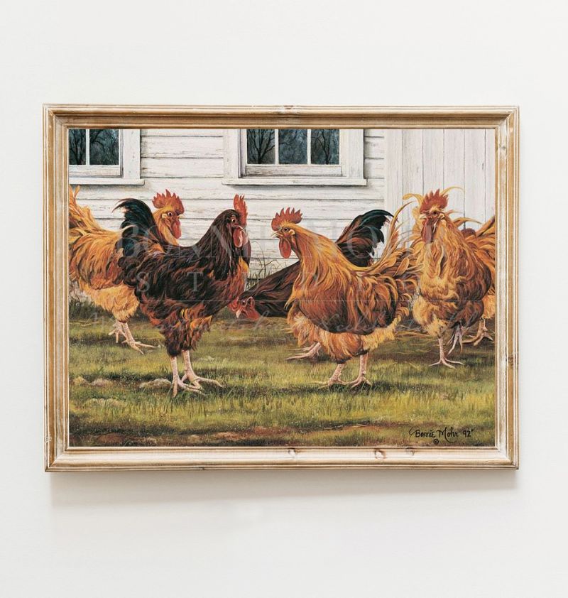 Rooster Coop print - art featuring roosters and chickens infront of a ...